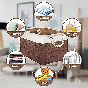 IMQSQIK Foldable Storage Bin 2 Pack, Large Fabric Storage Bin with Coarse Hemp Rope Handles, Gift Baskets Empty for Organizing Closet Nursery Shelves ( 15x 11 x 8 inches, Khaki White)