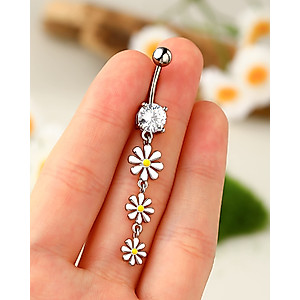 Melighting Dangle Belly Button Rings 14G Belly Rings Stainless Steel 316L Flower Belly Piercing Jewelry for Women Belly Piercing Navel Barbell Body Piercing Jewelry