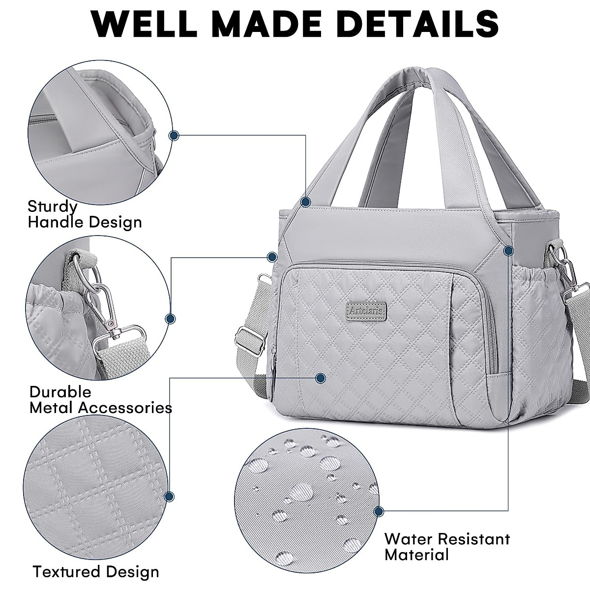Artelaris Lunch Bag for Women, Insulated Lunch Box for Work, Large Leakproof Cooler Purse with Side Pockets & Removable Shoulder Strap Women's Lunch Tote Bag for Picnic Beach Cute Lunch Bags (Gray)