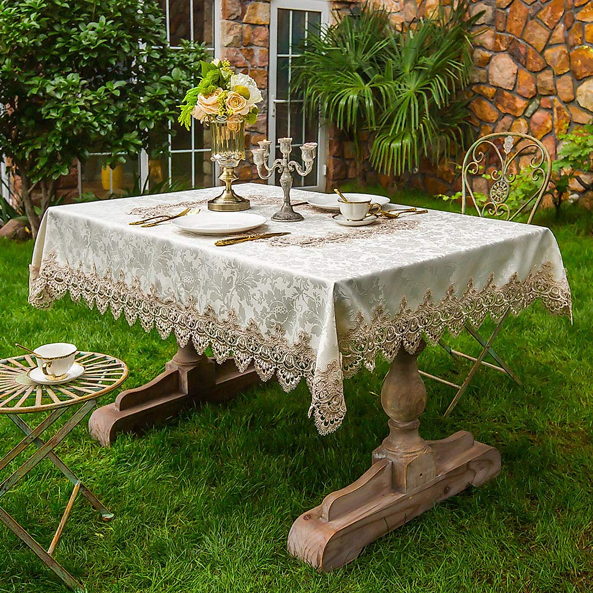 ARTABLE Lace Table Cloths Rectangle Summer Fall Flower Decor Macrame Tablecloth for Outdoor Farmhouse Rustic Kitchen Party Birthday Picnic (Light Brown, 60 x 84 Inch)