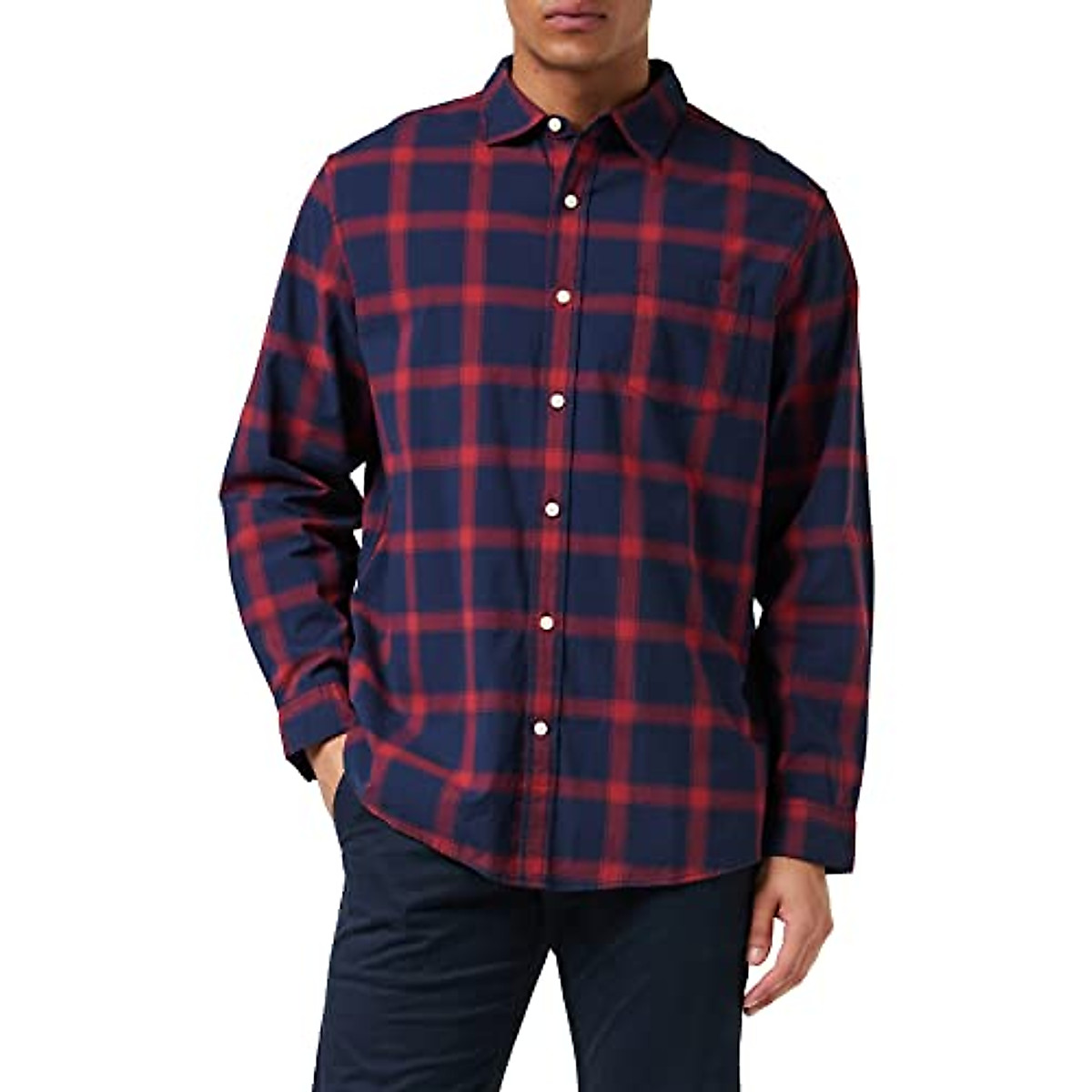Amazon Essentials Men's Long-Sleeve Regular-Fit Stretch Poplin Shirt, Navy Red Buffalo Plaid, Medium