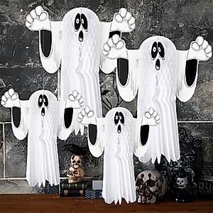 Fourluoo 4 Pcs Halloween Ghost Hanging Decorations Honeycomb Tissue Paper Ghost Shaped Party Decoration Ghost Paper Lanterns for Home Outdoor Decor(21.7" X 16.5", 15' X 12.6",Scary)