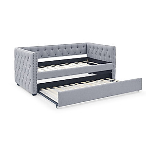 DS-HOMEPORT Daybed with Trundle, Upholstered Tufted Twin Sofa Bed with Button and Copper Nail on Square Arm (Grey)