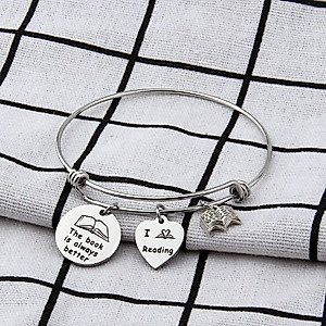 Book Lover Bracelet Literary Jewelry The Book Is Always Better I Love Reading Charm Bangle Writers Author Student Librarian Gift (book lover bracelet)