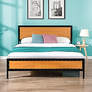 Prohon Bed Frame Queen Size with Rustic Headboard and Nailhead Trim Footboard, Strong Steel Slat Support, Metal Platform Bed with 11“ Storage Space, Silent Design Bedframe for Adults, Teens & Kids