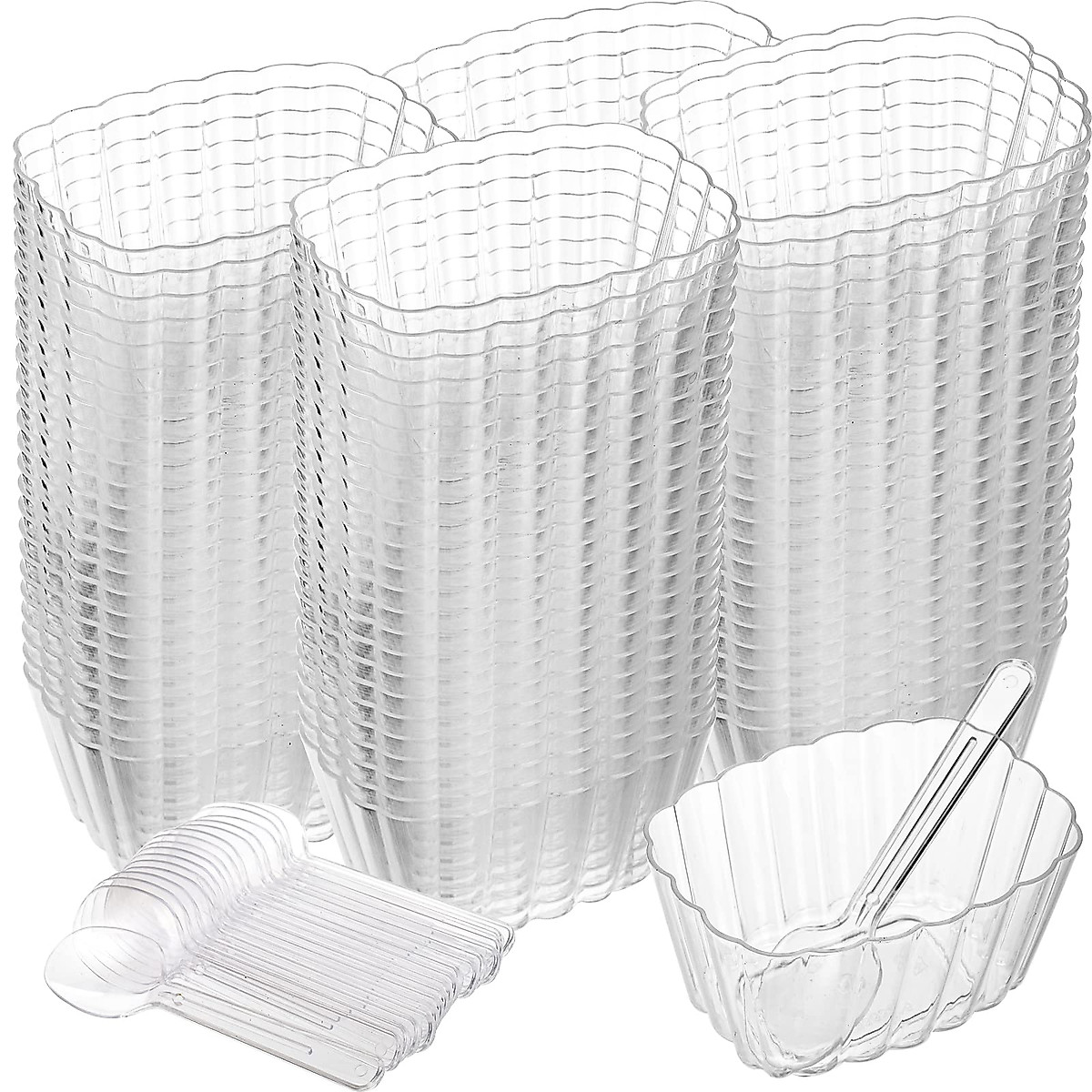 DEAYOU 100 Pack 5 Oz Dessert Cups with Spoons, Small Plastic Mousse Cup Dessert Shooters, Clear Disposable Parfait Appetizer Cup, Mini Reusable Trifle Tumbler Cup for Souffle, Pudding, Party