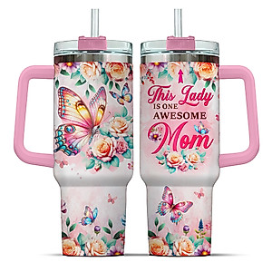 99OWL Mom Gifts, Tumbler 40 Oz With Handle Lid And Straw, Lady Mom Colorful Butterfly Floral, Coffee Tumblers Mommy Red Day Handle Primrose To Funny Flower Parade Eleven Cups