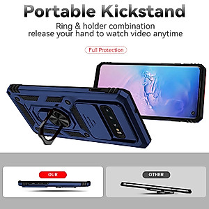 for Samsung Galaxy S10 Case with Camera Lens Cover HD Screen Protector, Dual Layer Military-Grade Drop Tested Magnetic Ring Holder Kickstand Protective Phone Case for Samsung Galaxy S10 (Navy Blue)