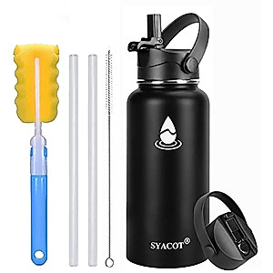 SYACOT 32 oz 40 oz 64 oz Stainless Steel Water Bottle, Insulated Double Wall Vacuum Leak Proof Water Flask, Metal Thermo Canteen Mug —Wide Mouth with 2 Straw Lids (32 oz, Magic Black)