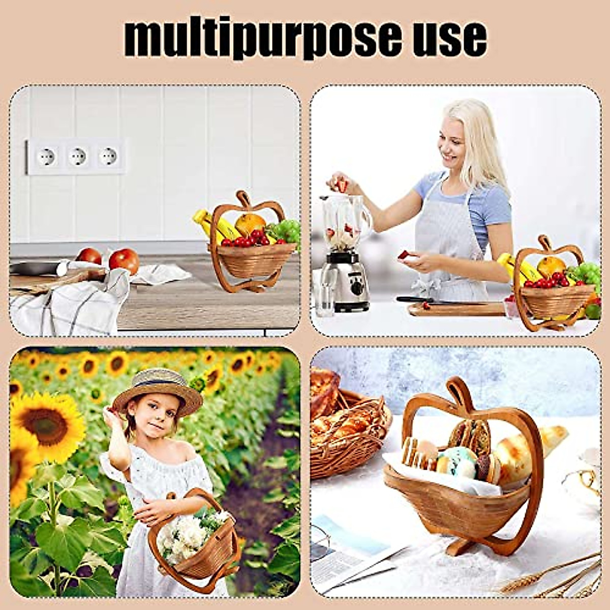 ROWGEE 11x 11.8 Inches Collapsible Bamboo Fruit Basket,Foldable Dried Fruit Basket,Wooden Snack Basket,Creative Fruit Bowl Holder For Kitchen Table-frog