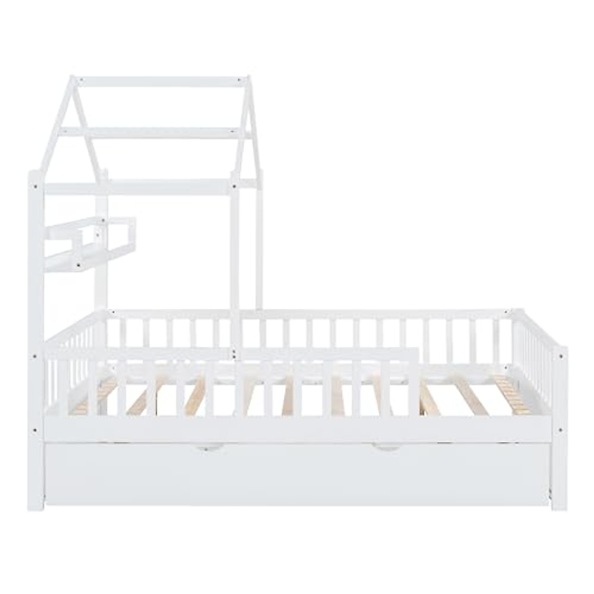 SIYSNKSI Full Size House Bed with Trundle, Wooden House Platform Bed with Shelf and Storage Headboard, Montessori Bed Playhouse Tent Bed Frame for Kids Girls Boys (White + Wood-87C)
