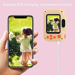 Selfie Camera Toy, Portable Front Rear Lens Kids Digital Camera USB Rechargeable with 32G Card for Outdoor (Beige)