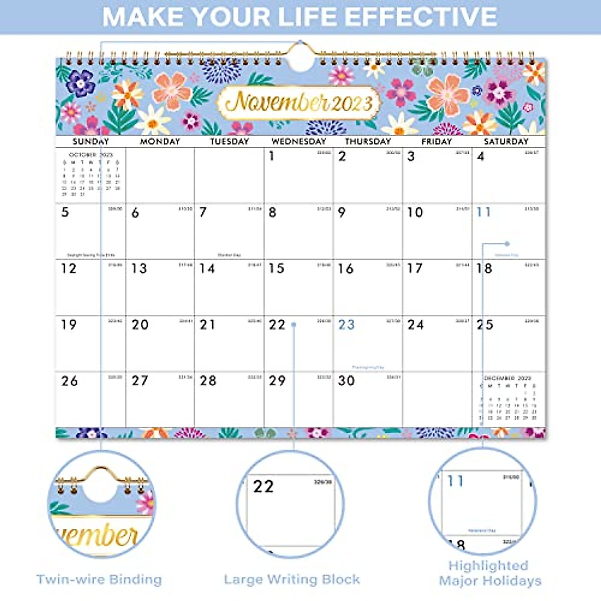 2023 Wall Calendar - Wall Calendar 2023, Janaury 2023-December 2023, 12 Months Calendar with Julian Date, 15 x 12 Inches, Twin-Wire Binding, Suitable for Hanging on the Wall, Large Blocks and Julian Dates, Flower design, Good Decorative Effect