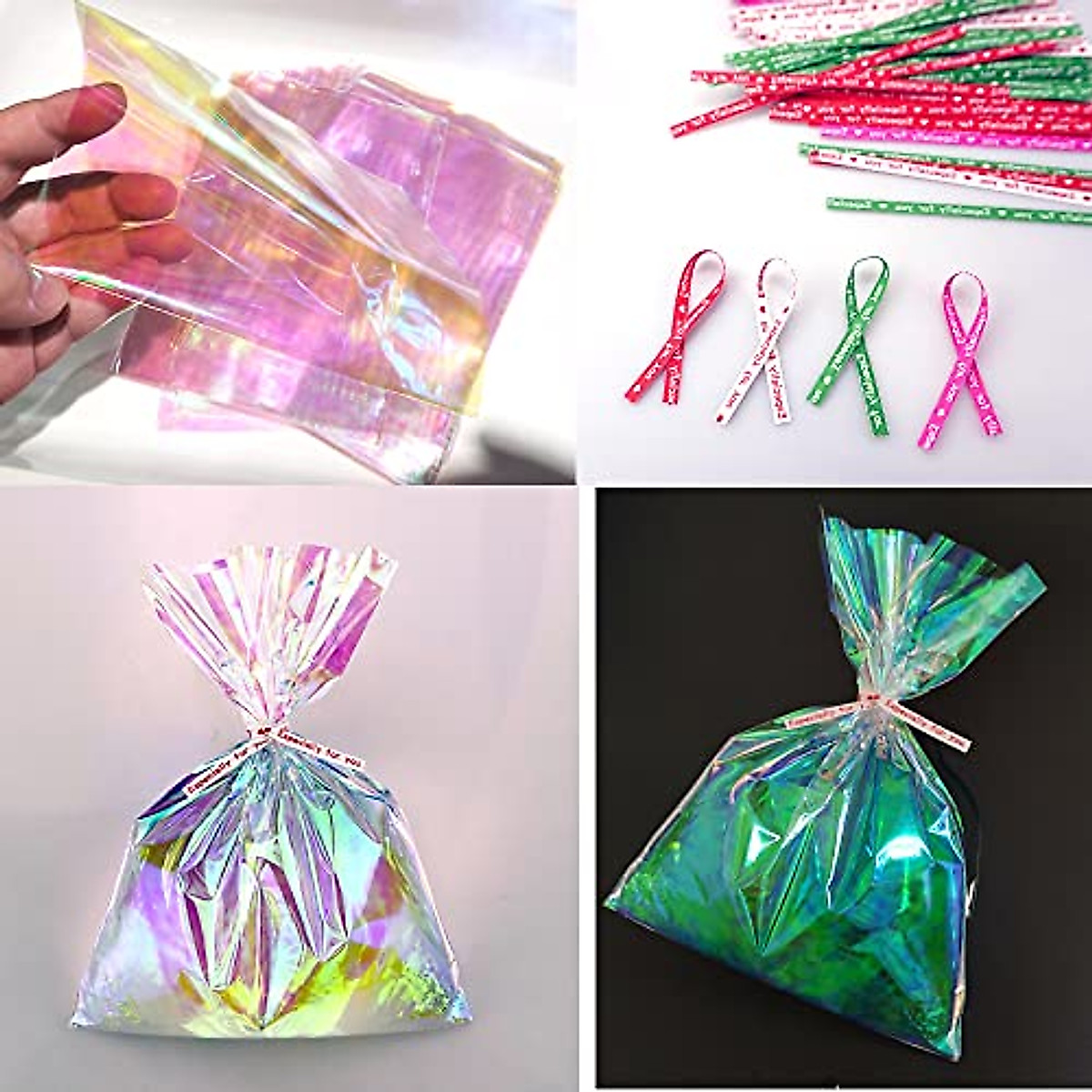 SaktopDeco 100 PCS Holographic Cellophane Bags Holographic Gift Bags Iridescent Plastic Goodie Bags with Ties Cookie Bags for Bakery Cookies Goodies (5" x 7")