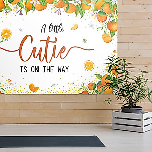 A Little Cutie is on the Way Backdrop Banner Decor White - Orange Baby Shower Party Theme Decorations for Newborn Baby Birthday Supplies, 3.9 x 5.9 ft