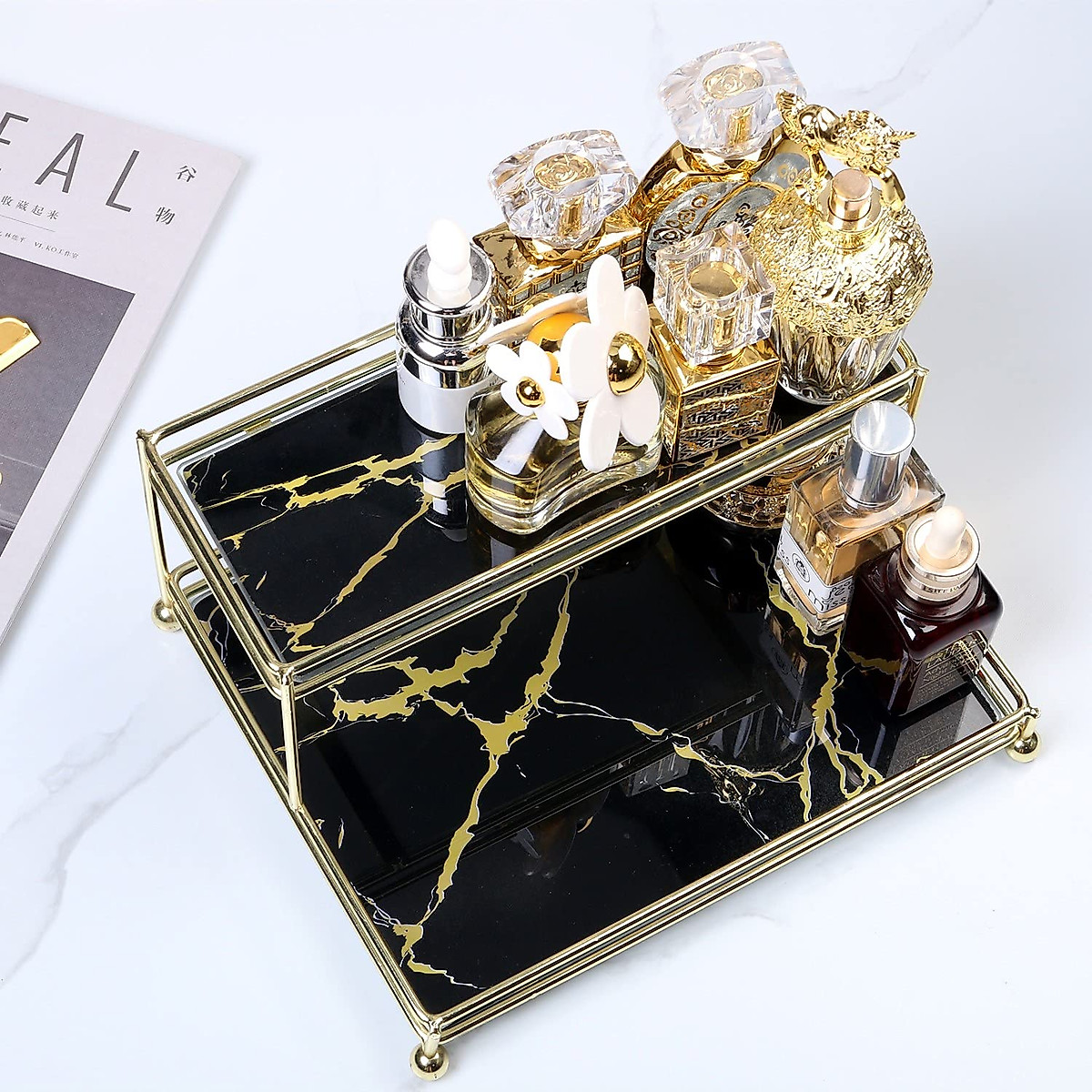 Simmer Stone Makeup Organizer Shelf, 2-Tier Cosmetic Storage Basket with Glass Tray, Wire Vanity Organizer Rack for Bathroom, Countertop, Dresser and More, Medium Size