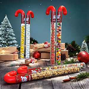 G-Box 8 Empty Christmas Candy Cane Tubes with Red Topper & Santa Stickers | 12" - Clear BPA-Free Plastic, Perfect for Small Candies, a Great Alternative to Christmas Gift Boxes (8, Santa Claus)