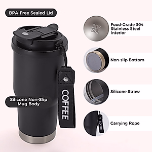 LATTPLYN Travel Coffee Mug, 18 oz Insulated Coffee Cup with Lid, Leakproof Stainless Steel Double-Wall Insulation Coffee Tumbler For Hot/Ice Coffee Tea Reusable Vacuum Thermal Thermos(Black-2, 18 oz)