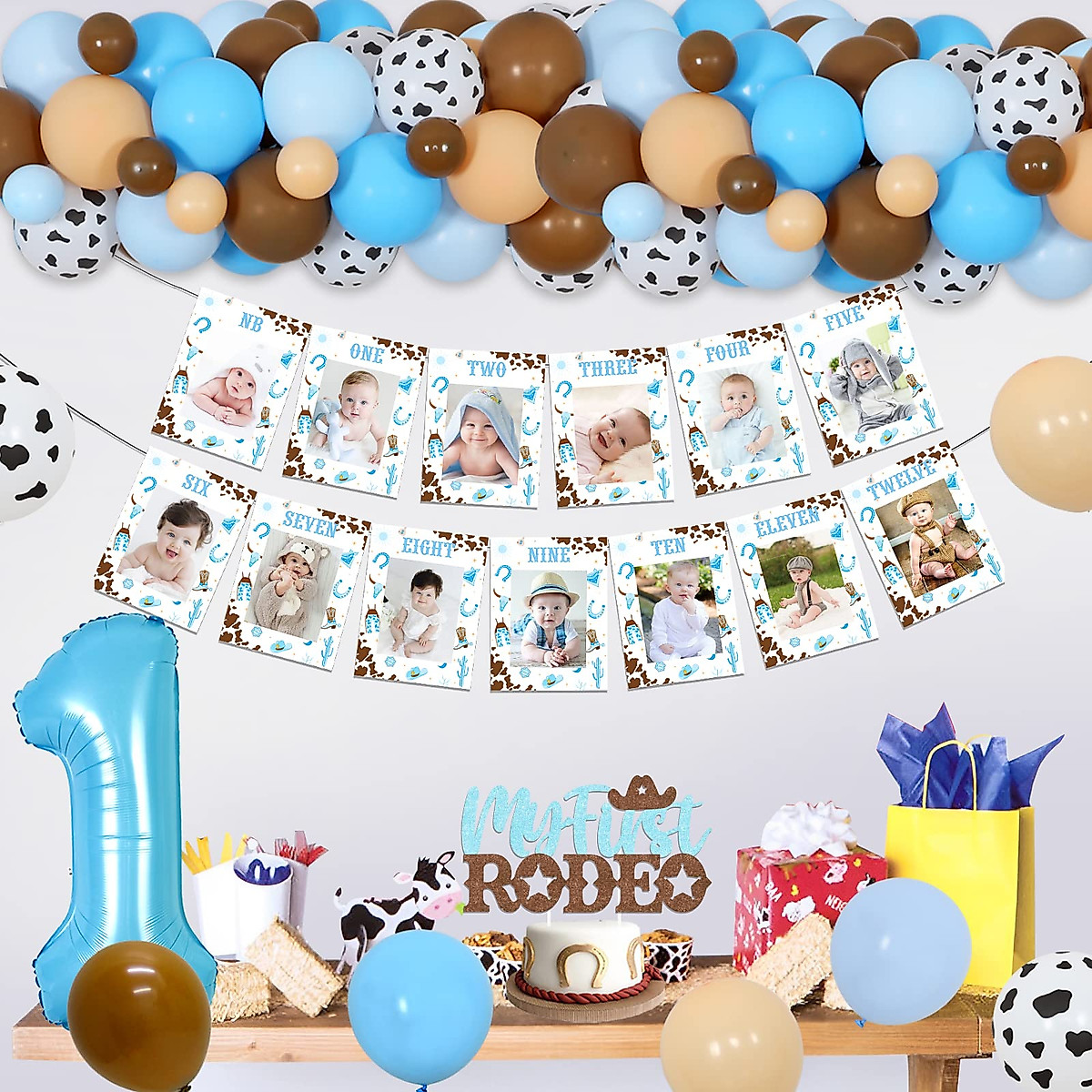 First Rodeo Birthday Party Decorations Boy Blue, Western Cowboy 1st Birthday Party Decorations - Cowboy Balloon Garland Kit with High Chair Banner, Monthly Photo Banner, My First Rodeo Cake Topper