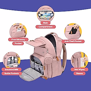 BabbleRoo Diaper Bag Backpack, Travel Backpack with Changing Pad, Pacifier Case & Stroller Straps, Multifunction, Waterproof, Unisex – Pink