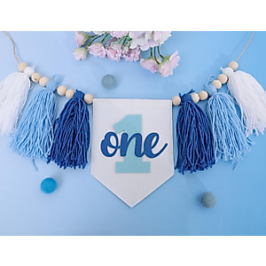 Blue Tassel 1st Birthday High Chair Banner - First Birthday Decorations For Boys,Cake Smash Party Highchair Banner,Yarn Tassel One Birthday Banner,Blue Yarn Tassel Garland Photo Prop