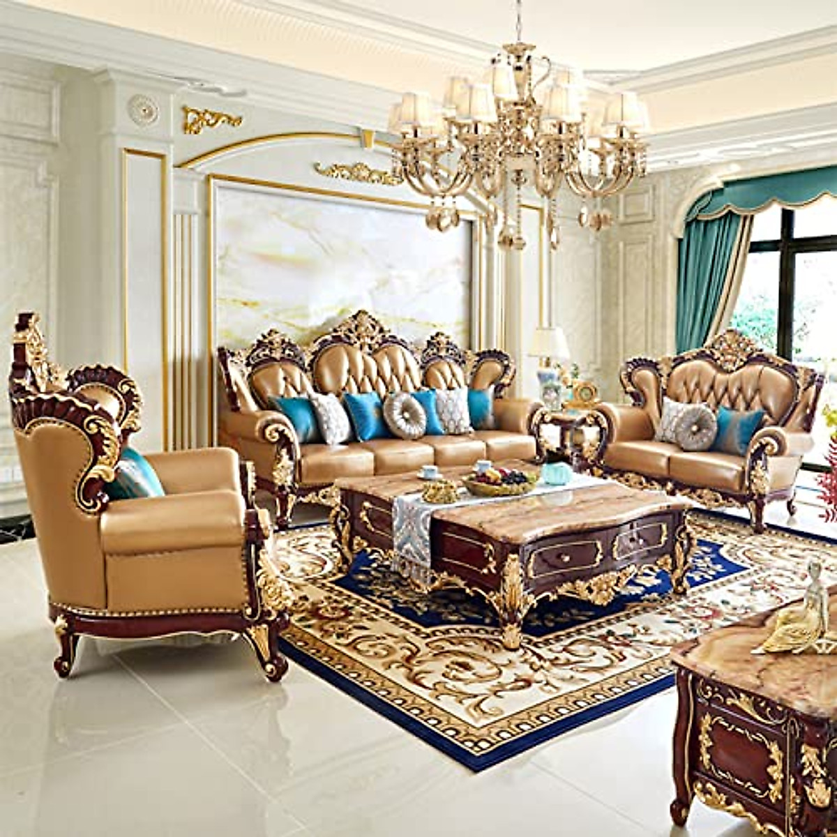 DEKIST Single Solid Wood Sofa, European-Style Leather Red Sandalwood Oak Sofa,5D Double-Sided Carved Luxury Villa Sofa, Suitable for Living Room, Villa, Indoor, Club, Apart