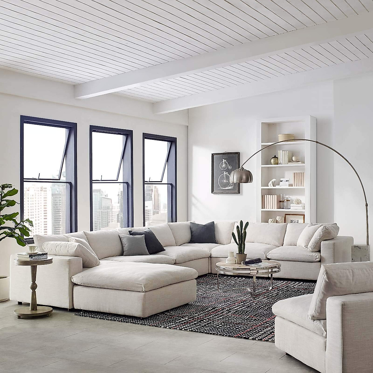 Modway Commix Down Down Filled Overstuffed 7 Piece Sectional Sofa Set, Seating for 6 - Ottoman, Beige