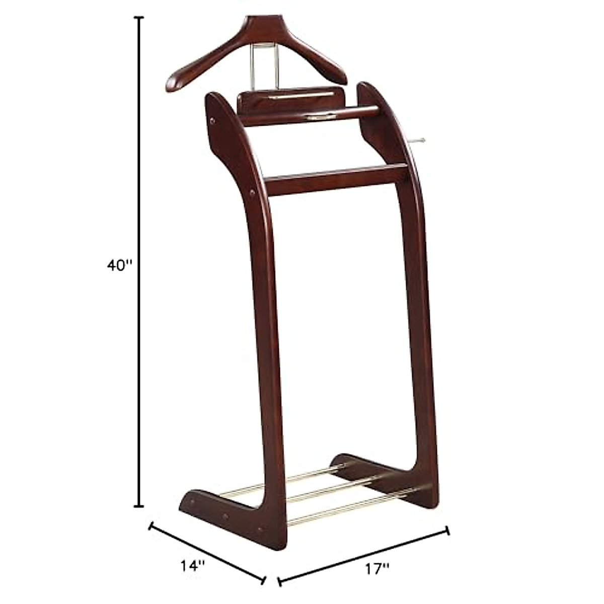 Proman Products Windsor Suit Valet Stand VL16001 with Top Tray, Contour Hanger, Trouser Bar, Tie & Belt Hooks and Shoe Rack, 17" W x 14" D x 40" H, Dark Walnut