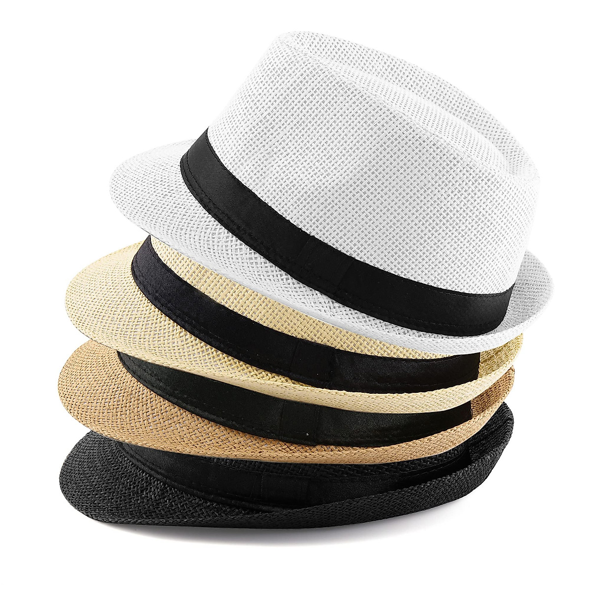 FALETO Unisex Summer Panama Straw Fedora Hat Short Brim Beach Sun Cap Classic (#011 Pack for 4 Colros)