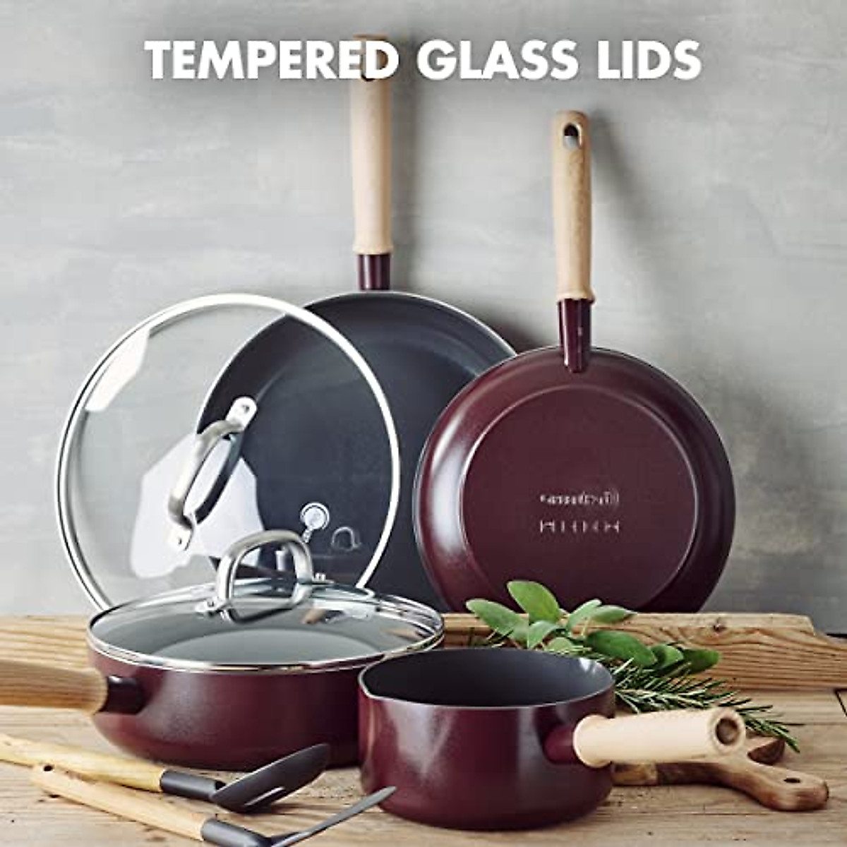 GreenPan Hudson Healthy Ceramic Nonstick, 8 Piece Cookware Pots and Pans Set, Vintage Wood Inspired Handle, PFAS-Free, Dishwasher Safe, Merlot Red