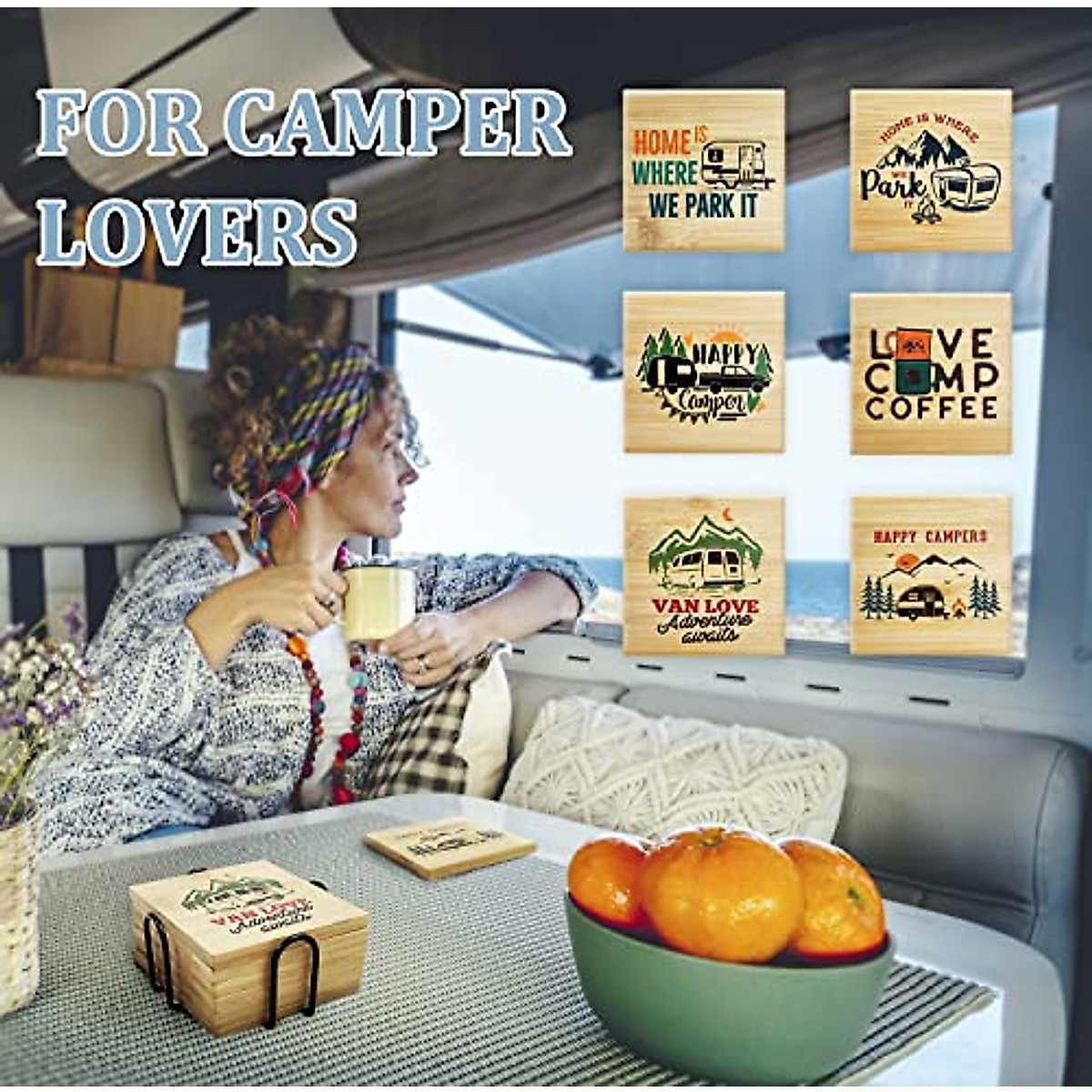 Haigoo Camping Coasters Set of 6, Happy Camper Bamboo Coaster with Holder, RV Lover Gifts Square Drink Coasters Suitable for Various Cups,Friends Home Bar RV Decor Camp Coasters