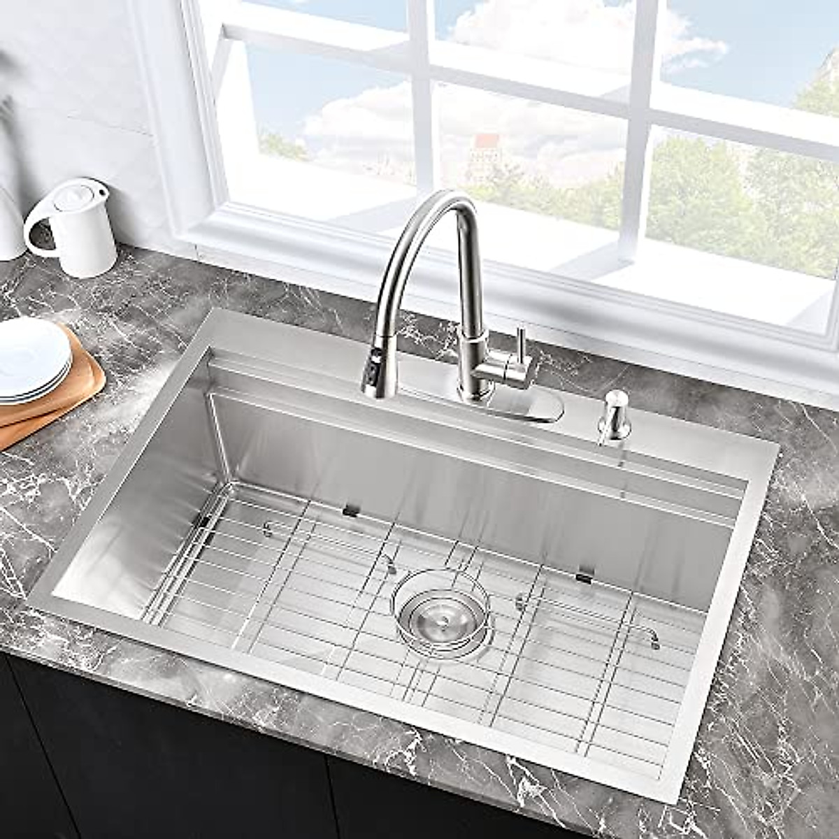 33 Inch Drop In Kitchen Sink Workstation-Hovheir 33x22 Stainless Steel Topmount Double Ledges Workstation Sink 16 Gauge Deep Single Bowl Overmount