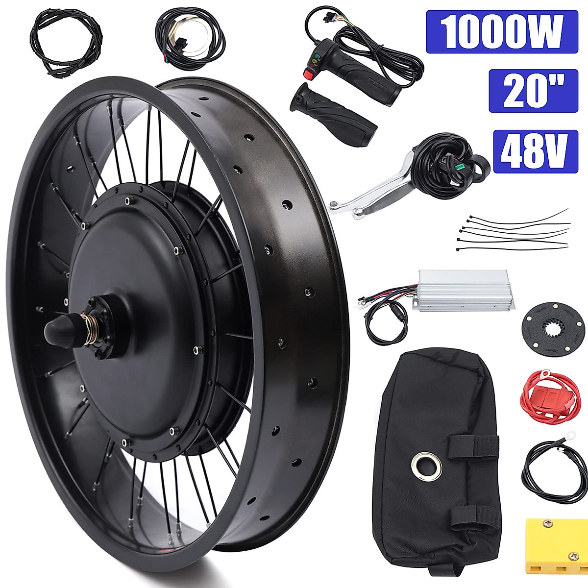 RIAHNEAH E-Bicycle Conversion Kit, 48V 1000W 20" Front Wheel Electric Bicycle Conversion Kit, Electric Bicycle Brushless Gearless Hub Motor Kit 48km/h High Speed Motor Wheel Kit