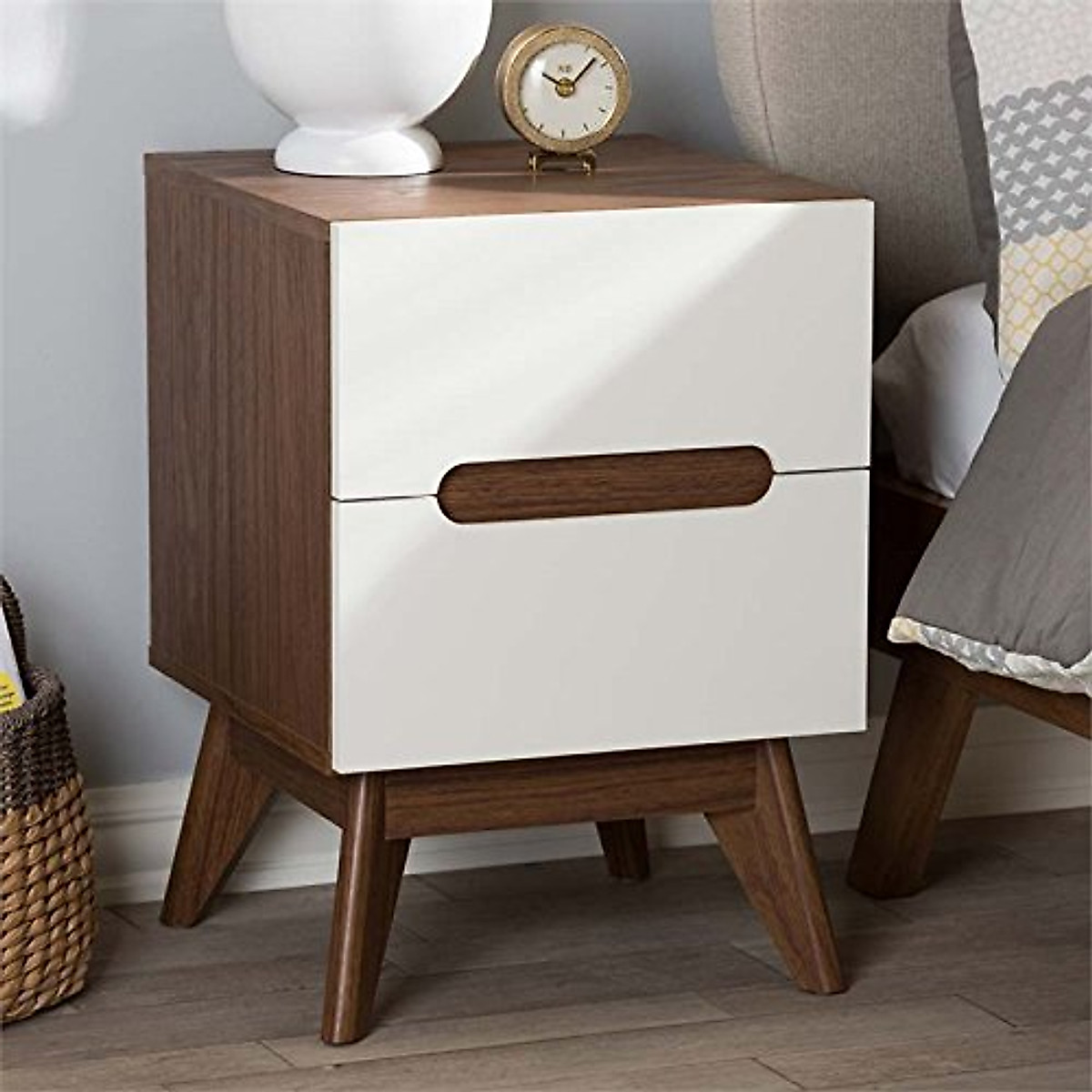 Baxton Studio Calypso 2 Drawer Nightstand in White and Walnut