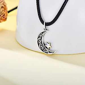 AOBOCO Celtic Knot Moon Choker Necklace for Women Sterling Silver Black Leather Crescent Choker with Crystal from Austria, Jewelry Gifts for Women