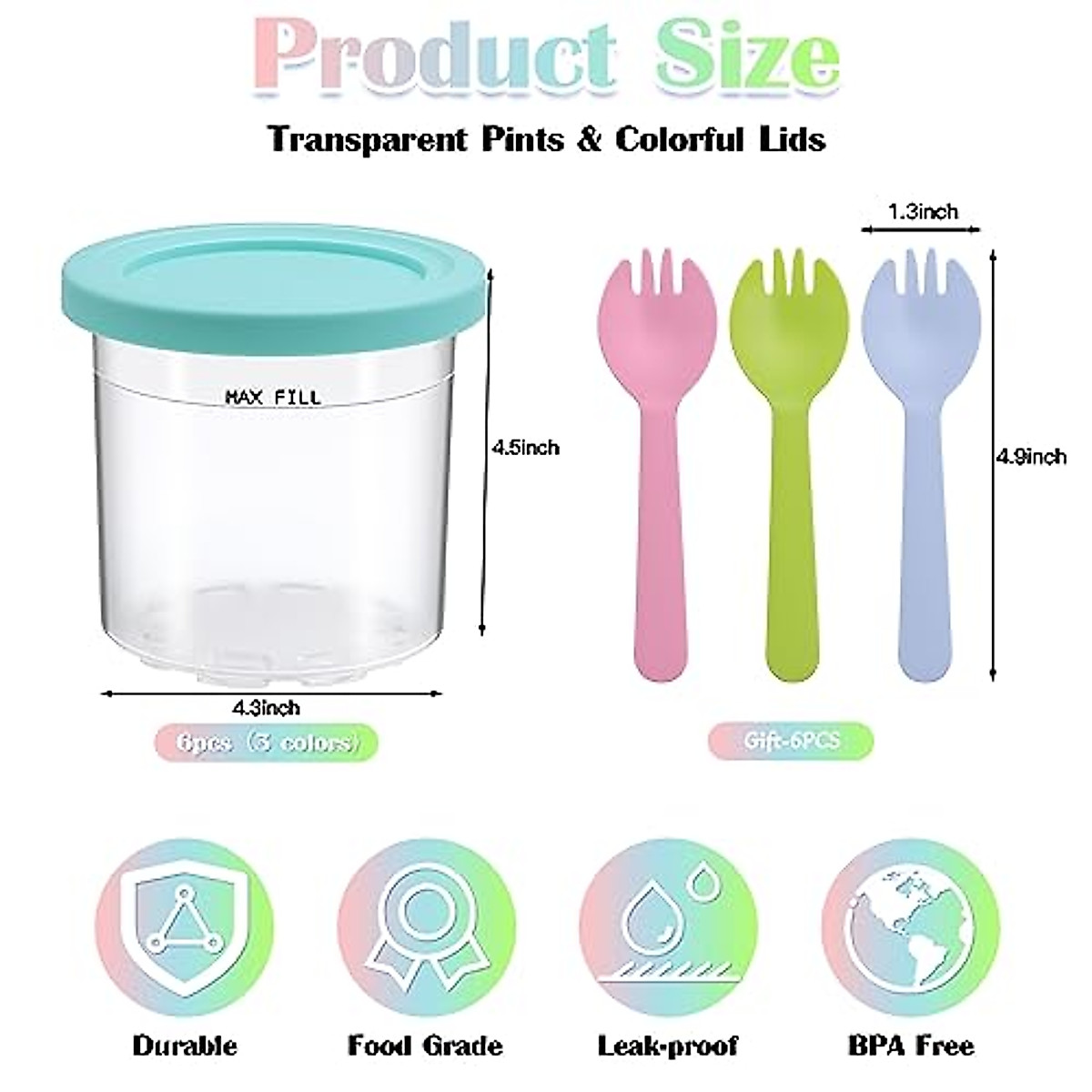 ZOCONE 6 Pack Ice Cream Pint Containers and Lid Compatible with Ninja Creami XSKPLID2CD NC299AMZ NC300 NC301 Series Ice Cream Maker, Airtight, Dishwasher Safe, BPA-Free Ice Cream Containers