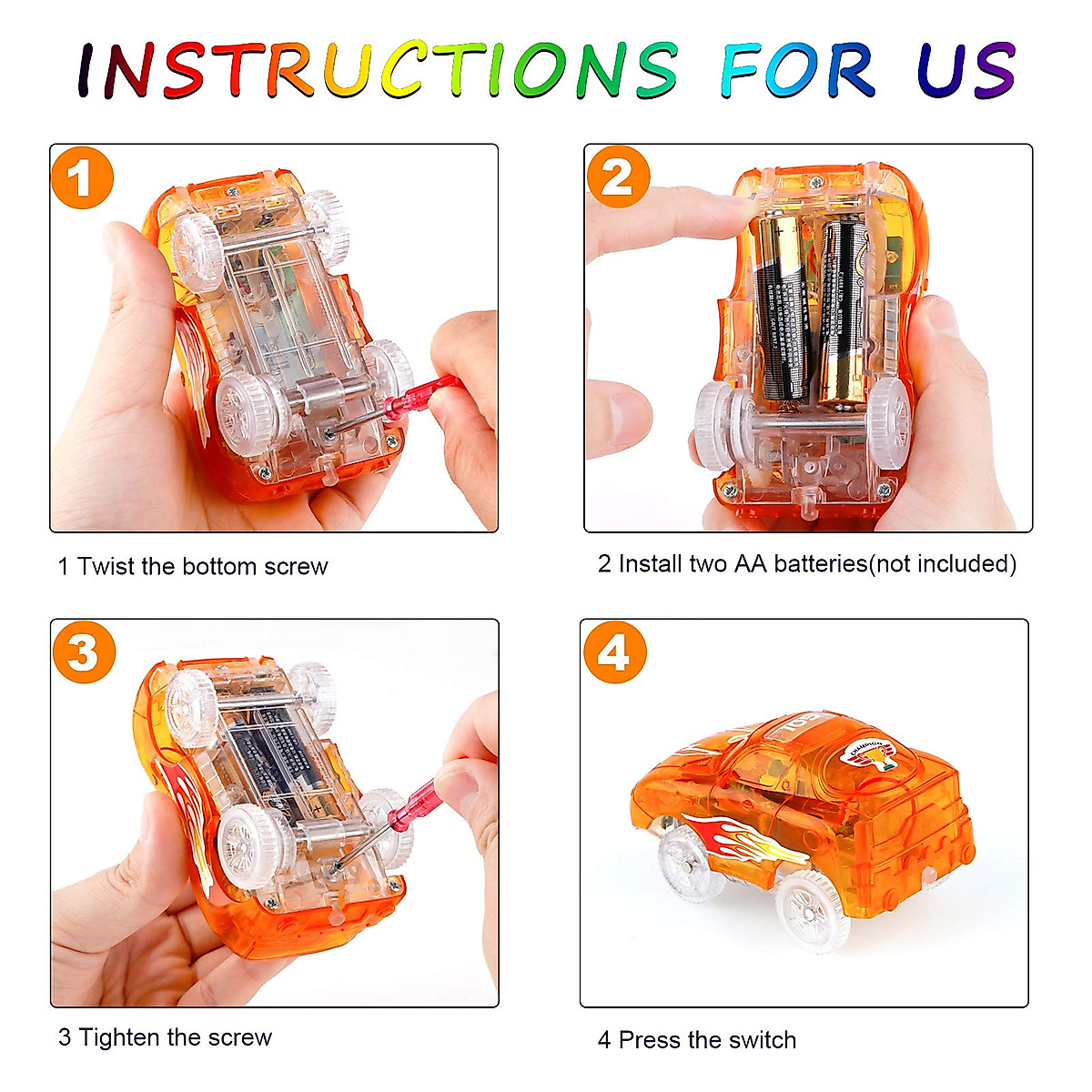 4pcs Tracks Cars Replacement Only - Light Up Magic Cars for Tracks Compatible with Glow in the Dark Toy Cars with 5 Led Flashing Lights for Most Race Tracks, Toys for 3+ Years Old Childs Boy and Girls