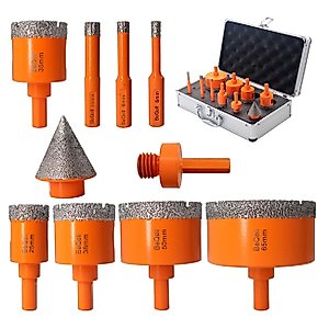Tile Hole Saw Kit Triangle Shank Diamond Drill Bits Set for Porcelain Tile Ceramic Marble Brick Granite Stone,6/8/10/25/35/38/50/65mm+35mm 5/8-11 Beveling Chamfer Bit Cone Tile Bit+Adapter