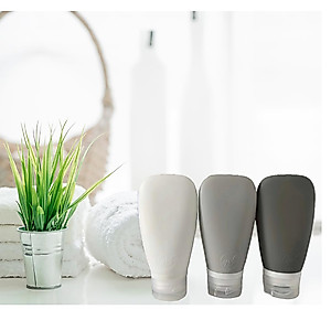 LYOB Travel Bottles for Toiletries, TSA Approved 3oz Leak Proof Silicone Refillable Squeeze Travel Size Containers BPA Free for Cleansers, Lotions, Shampoo 3-pk (Black-Gray-White)