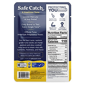Safe Catch Wild Ahi Yellowfin Tuna Fish Pouches, Wild Caught, Lowest Mercury, Lean Protein, Omega 3, Gluten-Free, Kosher, Pack of 12