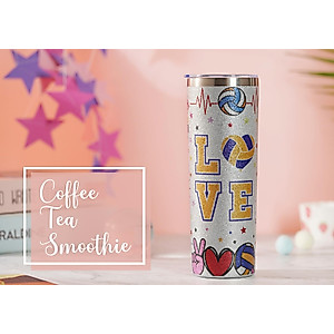 Onebttl Volleyball Gifts for Teen Girls & Team, Stainless Steel Kids Volleyball Tumbler, Double Wall Vacuum Insulated Bottle with Lid & Straw 20oz - Glitter