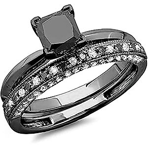 Aryan Jewels 2.30 Ct Princess & Round Cut Black White Diamond Bridal Ring Set Engagement Wedding Band Couple Ring For His & Her 14K Black Gold Finish (7), Gold,White