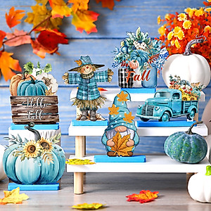 6 Pcs Thanksgiving Wooden Tabletop Decor Hello Fall Pumpkin Gnome Scarecrow Truck Wooden Table Signs Fall Table Decorations Centerpieces for Autumn Harvest Party Supplies(Classic,Blue)