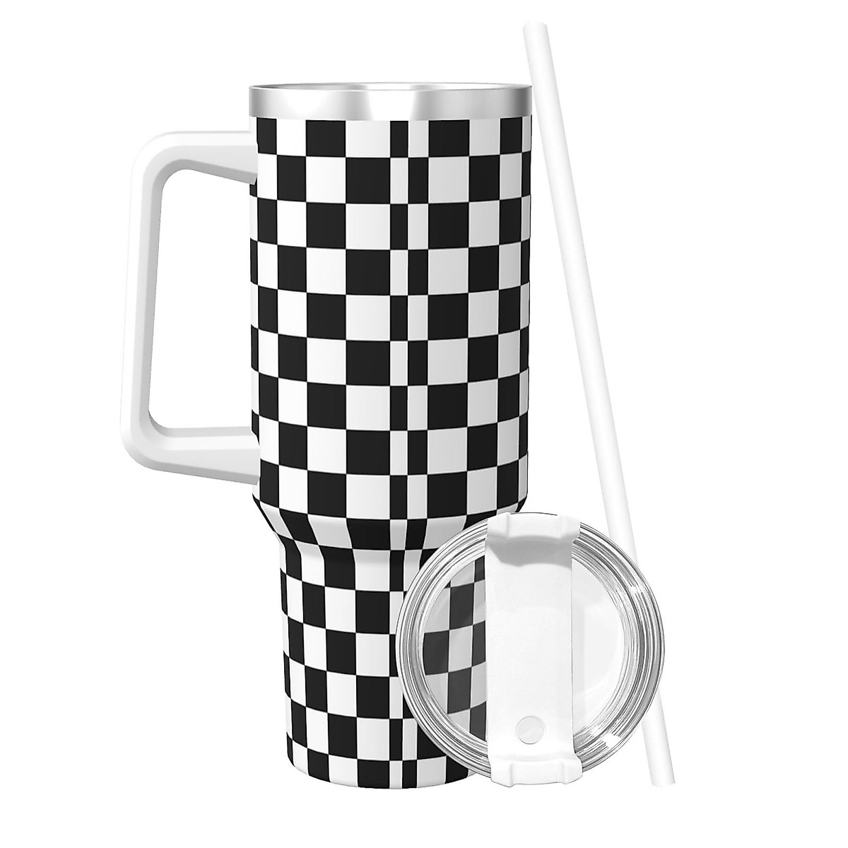 deaokluy 40 OZ Checkered Pattern Ice Bully Cup with Handle Straw Lid, Double Wall Stainless Steel Tumbler Travel Coffee Cup, Black White Insulation and Cooling Cup for Christmas Birthday Present