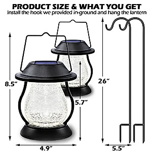 LeiDrail Hanging Solar Garden Lights, Solar Hanging Lanterns Outdoor with Shepherd Hooks & Crackle Glass Ball, Waterproof Solar Powered Table Lamps for Yard Fence Tree Tabletop Garden Decor(2 Pack)