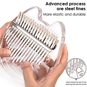 Kalimba Thumb Piano, AKLOT 17 Keys Transparent Acrylic Cat Note Carved Starter Finger Piano with Kalimba Case Tune Hammer Study Booklet Stickers