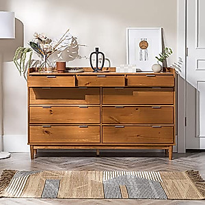 Walker Edison Blythe Mid-Century Modern Tray-Top Solid Wood 9-Drawer Dresser, 60 Inch, Caramel