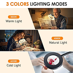 Magnifying Glass with Light 5X, 9w Clip on Light, 48 LED Desk Lamp wtih Clamp Light, 3 Modes Dimmable Magnifying Lamp, LED Desk Light, Clamp Lamp, Clip on Lamps for Bed Desk Work Crafts Workbench
