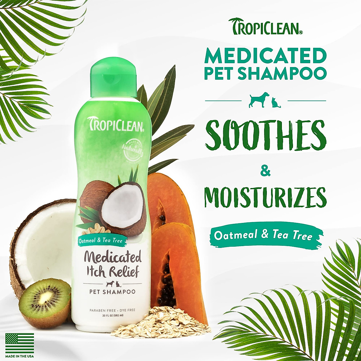 TropiClean Medicated Dog Shampoo for Allergies & Itching | Tea Tree & Oatmeal Shampoo for Sensitive Skin | Natural Pet Shampoo | Made in USA | 20 oz