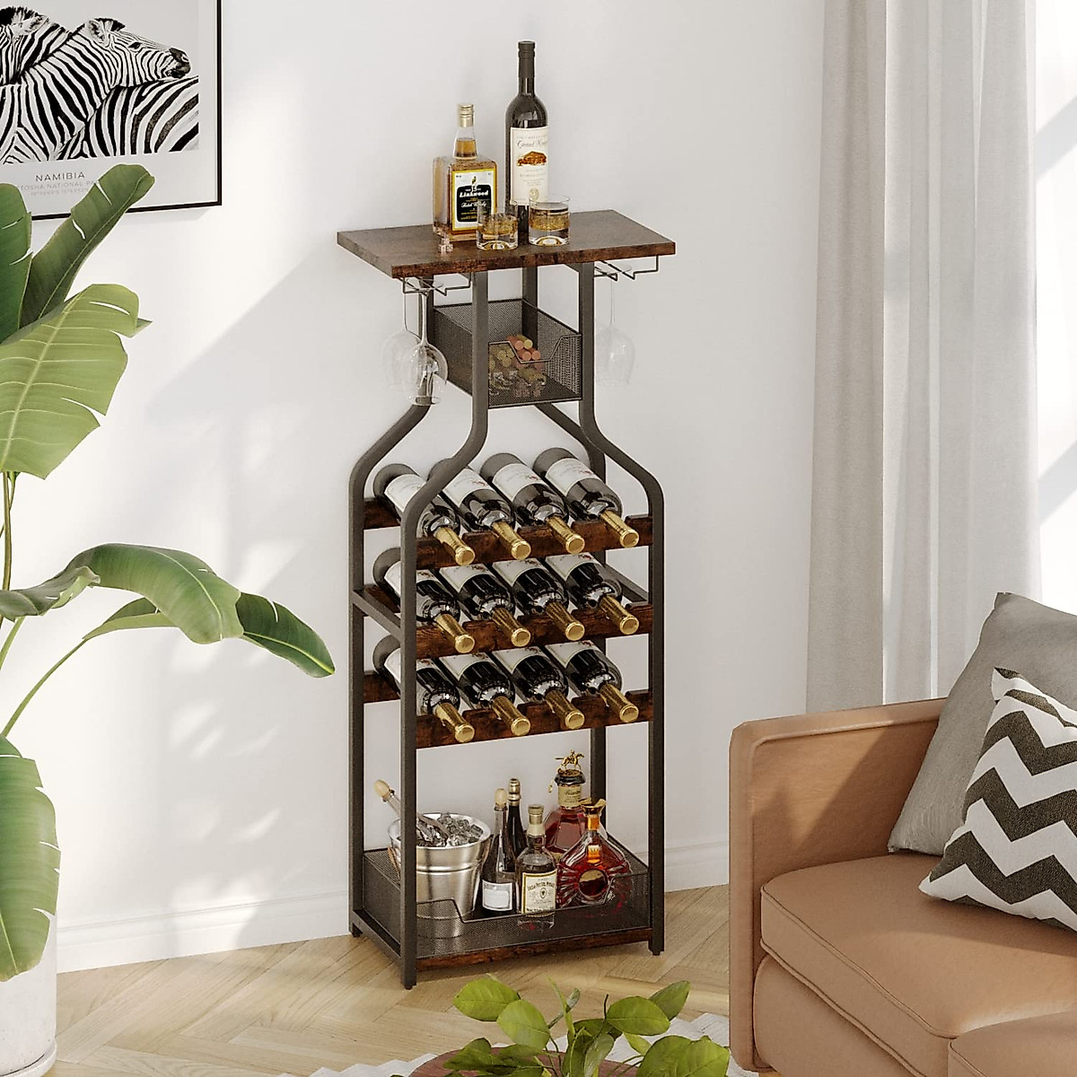 Amyove Metal Wine Rack Wine Bottle Holders Stands Freestanding Floor,Wine Storage Organizer Display Rack Table Wine Glass Rack for Bar Kitchen Dining Living Room, Small Spaces,Rustic Brown